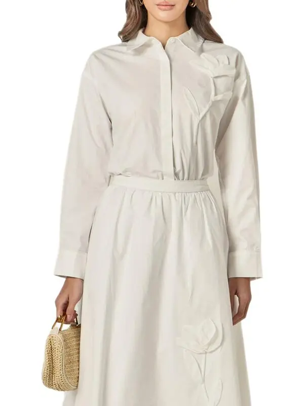 English Factory Appliqué Long Sleeve Cotton Shirtdress - White