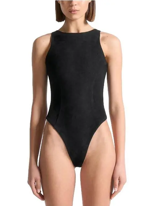 Manière De Voir Adele Suede Racer Neck Bodysuit - Black