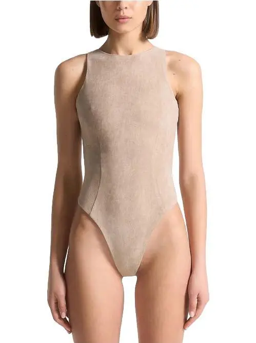 Manière De Voir Adele Suede Racer Neck Bodysuit - Taupe