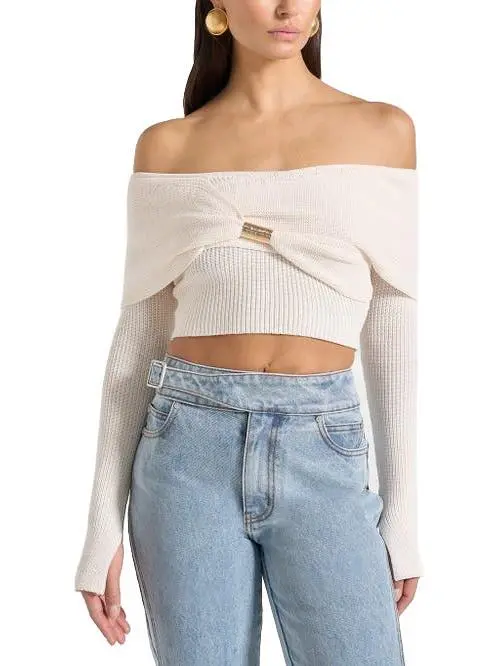 Manière De Voir Asymmetric Bardot Knit Top With Gold Hardware - Cream