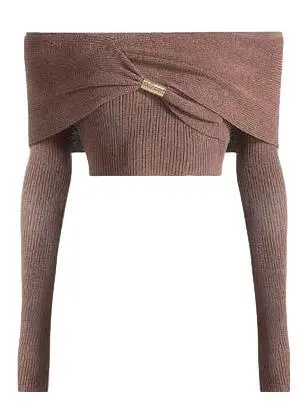 Manière De Voir Asymmetric Bardot Knit Top With Gold Hardware - Taupe