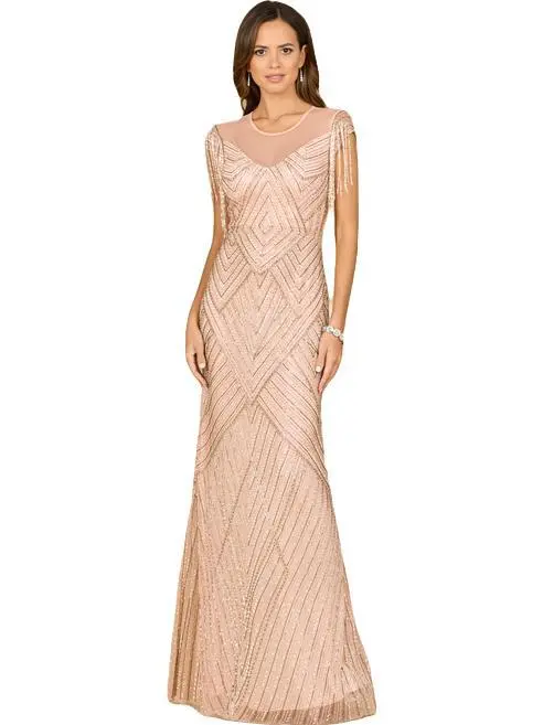 LARA NEW YORK Beaded Fringe Illusion Gown With Cap Sleeves - Blush