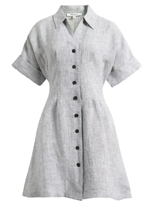 Madewell Pleated Linen Mini Shirtdress - Black White Mini Stripe