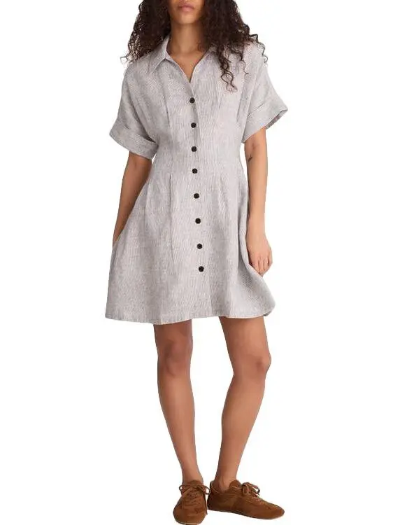 Madewell Pleated Linen Mini Shirt Dress - Black White Mini Stripe