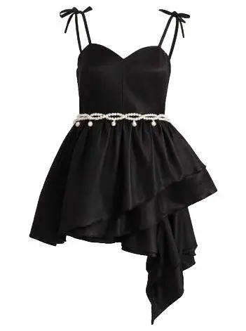 TULLEEN Sweetheart Bow Belt Asymmetrical Dress - Black