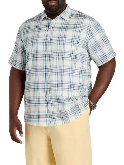 HARBOR BAY BY DXL Big & Tall Microfiber Small Plaid Sport Shirt V3 - Tan