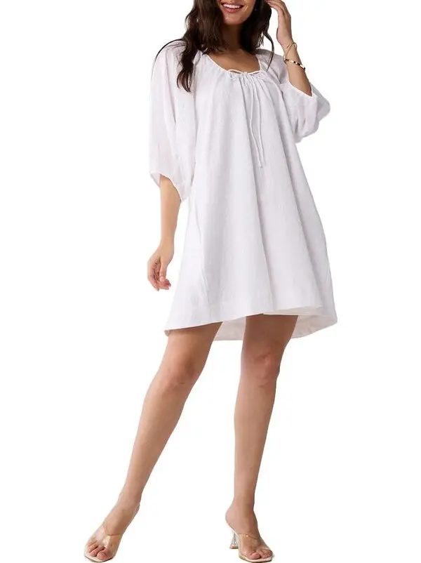 REISTOR Puff Sleeved Dress With Drawstring Neckline - White