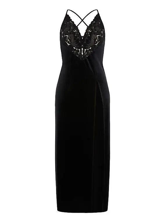 SAVAGE X FENTY Lace Satin Maxi Slip Dress - Black Caviar