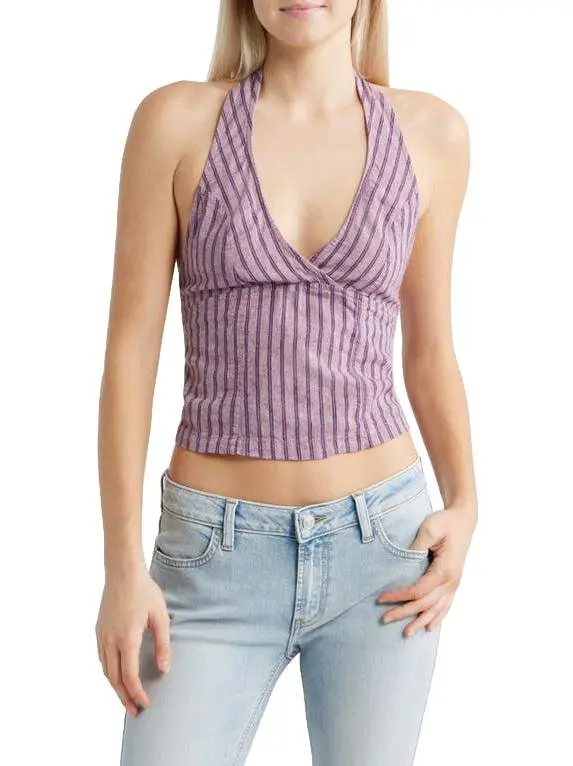 BDG URBAN OUTFITTERS Quinn Stripe Linen Halter Top - Purple Stripe
