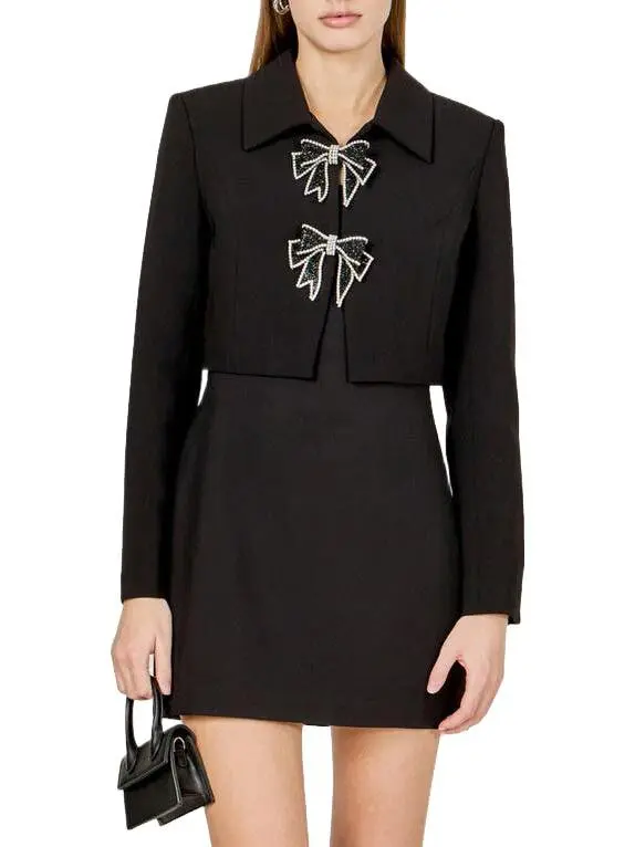 Endless Rose Rhinestone Bow Cropped Jacket - Black