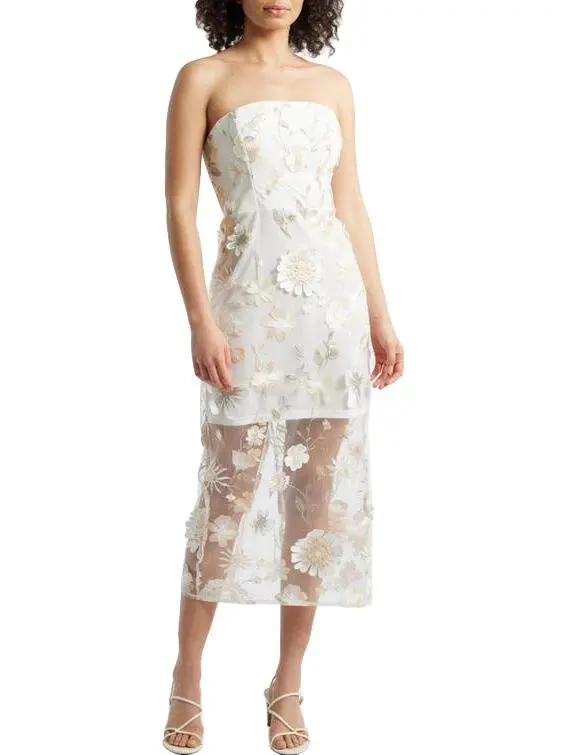 Sam Edelman Strapless Floral Appliqué Midi Dress - White/cream