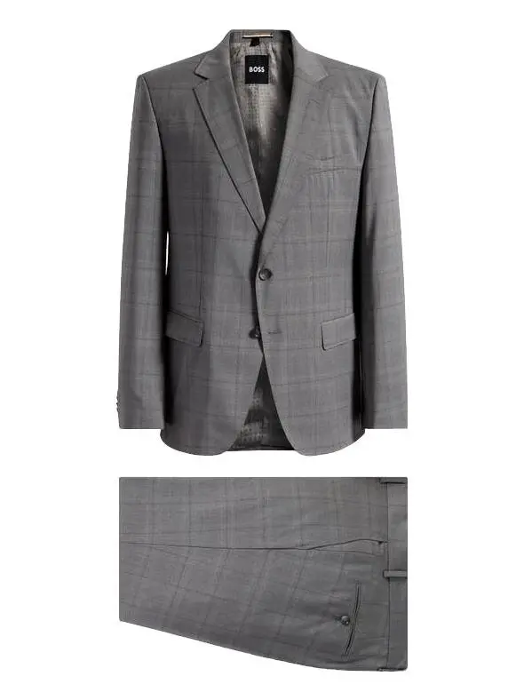 BOSS Huge Slim Fit Brown Windowpane Check Virgin Wool Suit - Silver