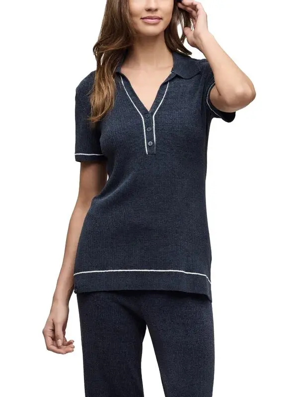 Barefoot Dreams Cozychic Ultra Lite Contrast Stripe Rib Polo - Indigo-pearl