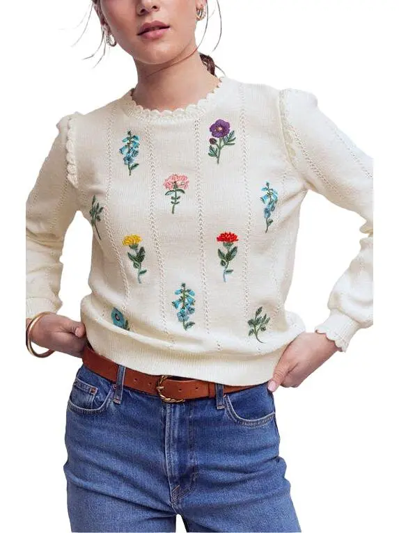 Boden Valeria Floral Embroidered Sweater - Warm Ivory Melange Embroidery