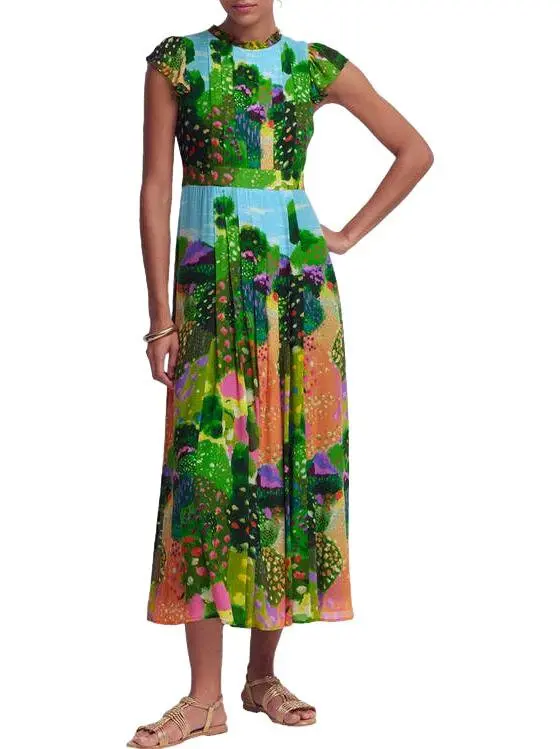 Boden Ruffle Pleated Maxi Dress - Garden Print