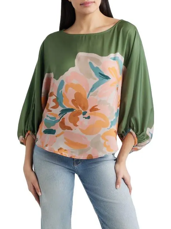 Wit & Wisdom Placement Print Peasant Top - Basil Multi