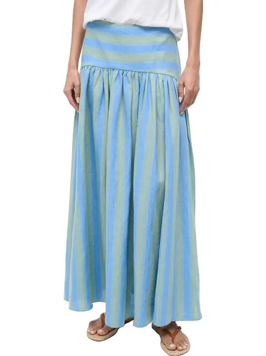 Staud Linen Striped Midi Skirt - Seaport Stripe