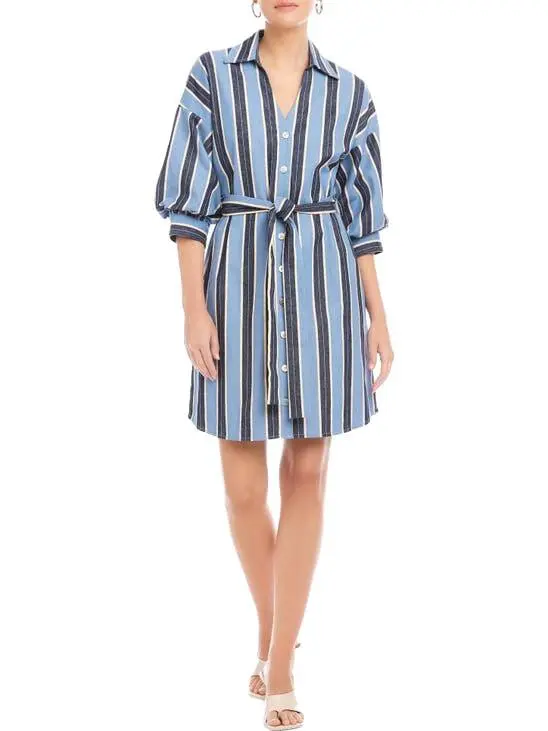 Fifteen Twenty Blaire Stripe Lantern Sleeve Stretch Cotton Shirtdress - Blue/cream