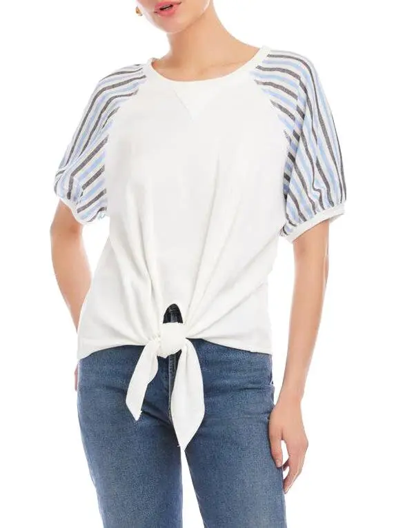 Fifteen Twenty Contrast Sleeve Tie Front Organic Cotton Top - Off White