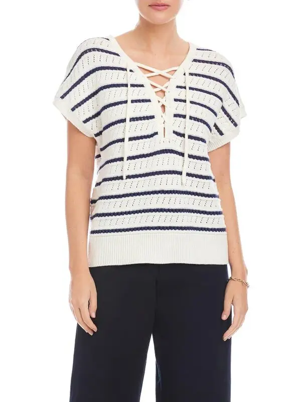 Fifteen Twenty Beth Stripe Lace-up Pointelle Sweater - Off White