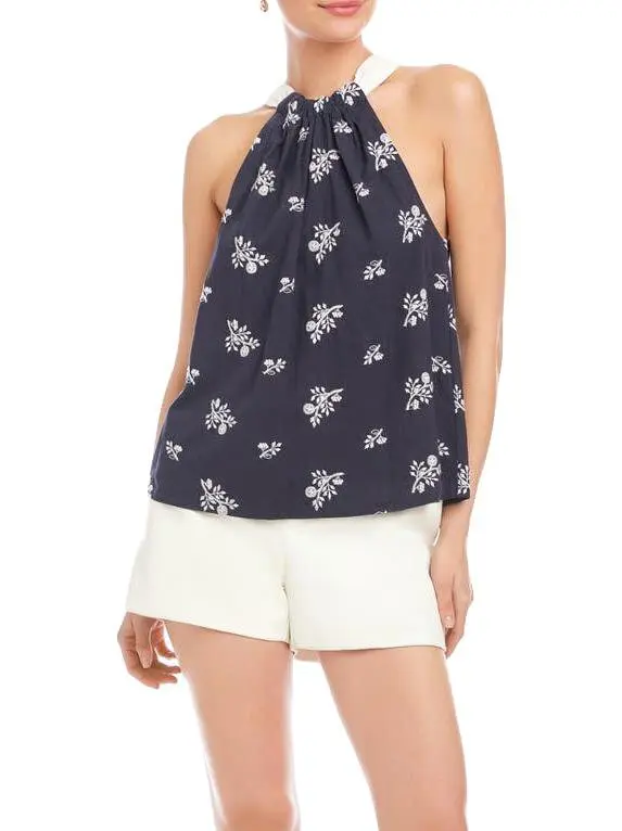 Fifteen Twenty Sicilie Floral Embroidered Cotton Halter Top - Navy