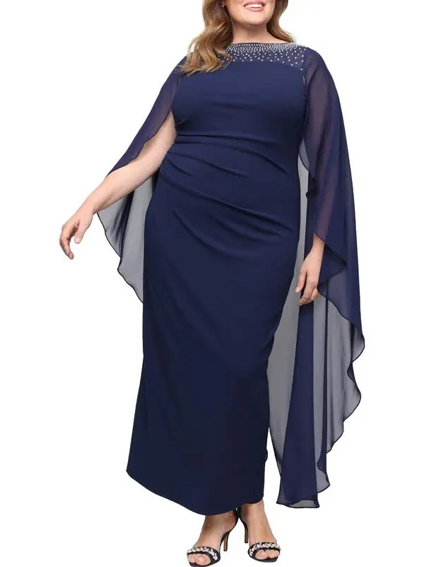 Alex Evenings Cape Sleeve Crepe Column Gown - Navy