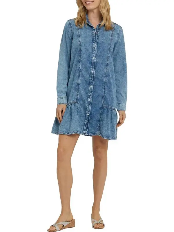 NYDJ Long Sleeve Ruffle Denim Shirtdress - Faded Beam