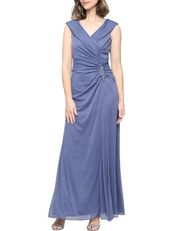 Alex Evenings Glitter Mesh Gown - Dusty Blue