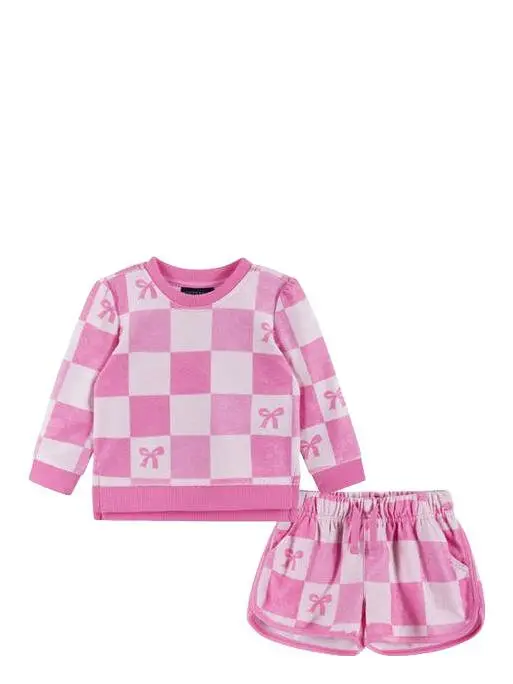 Andy & Evan Metallic Check Top And Shorts Set - Checkered Bow