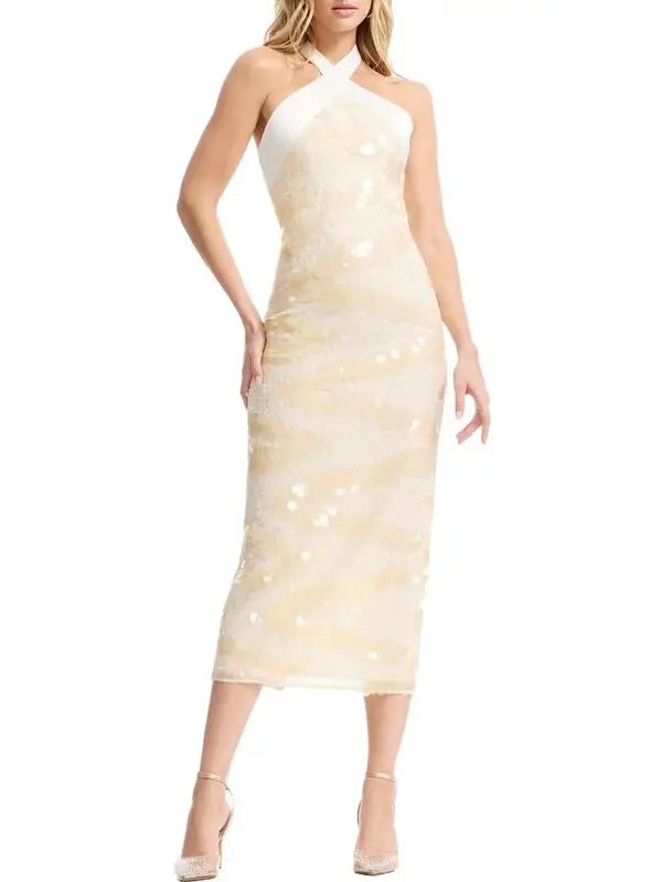 Dress The Population Amani Embellished Halter Cocktail Dress - Cream