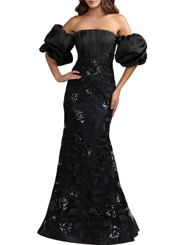 Mac Duggal Off-the-shoulder Puff Sleeve Mermaid Gown - Black