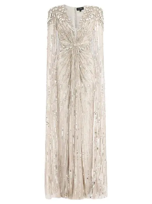 Jenny Packham Sequin-embellished Cape Gown - Platinum