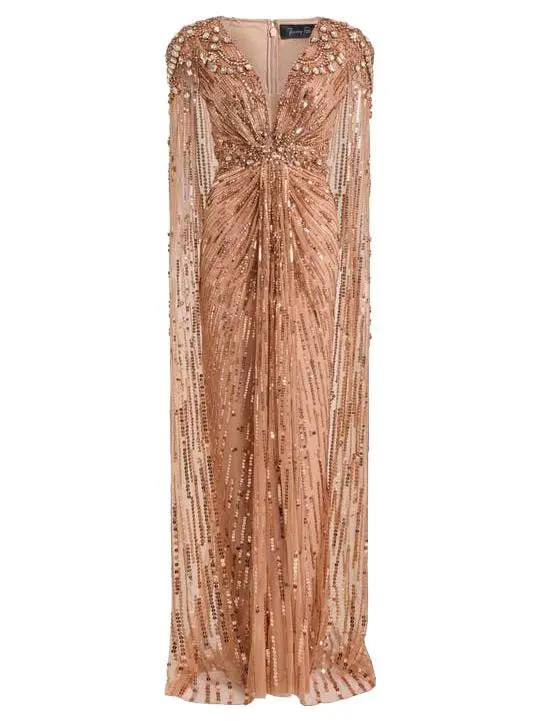 Jenny Packham Sequin-embellished Cape Gown - Sable