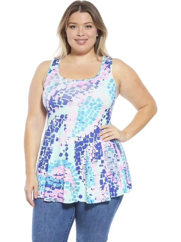 24SEVEN COMFORT APPAREL Abstract Scoop Neck Tunic Tank Top - Blue Multi