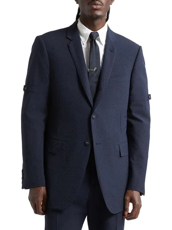 Thom Browne Armband Wool Seersucker Sport Coat - Navy