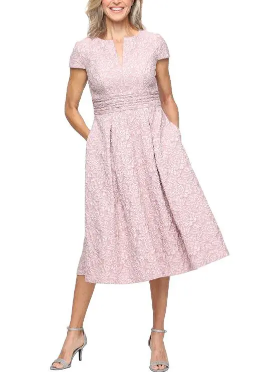 Alex Evenings Floral Embossed Cocktail Midi Dress - Blush