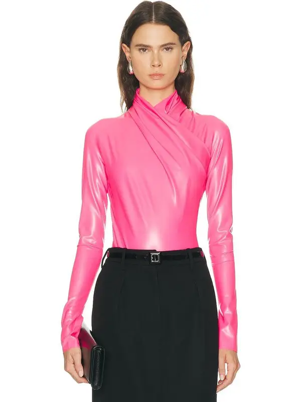 MUGLER Long Sleeve High Neck Bodysuit - Bright Pink