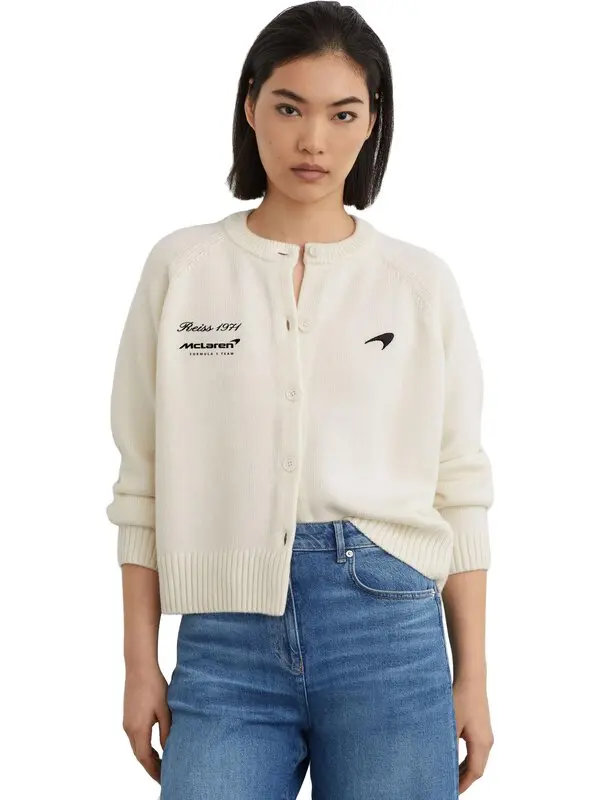 REISS Racing Cropped Merino Wool Cardigan - White