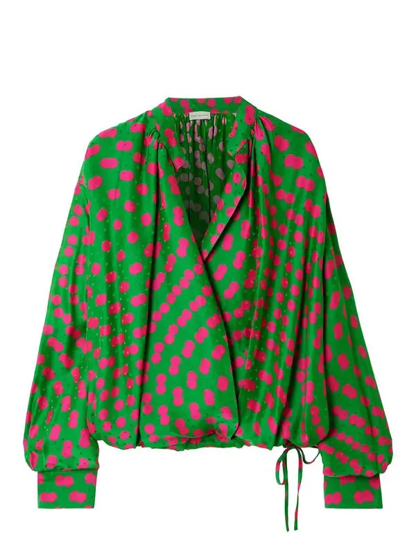 Dries Van Noten Draped Polka-dot Satin-jacquard Blouse - Green