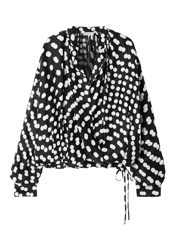 Dries Van Noten Draped Polka-dot Satin-jacquard Blouse - Black