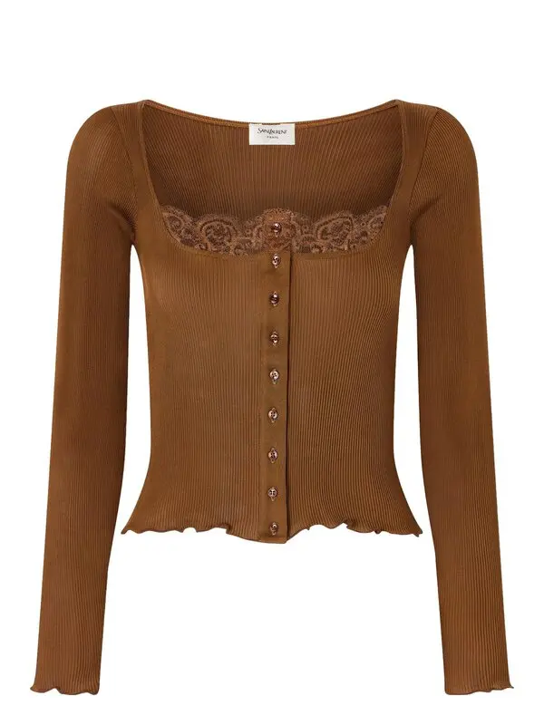 Saint Laurent Lace-trimmed Ribbed Silk-jersey Cardigan - Brown