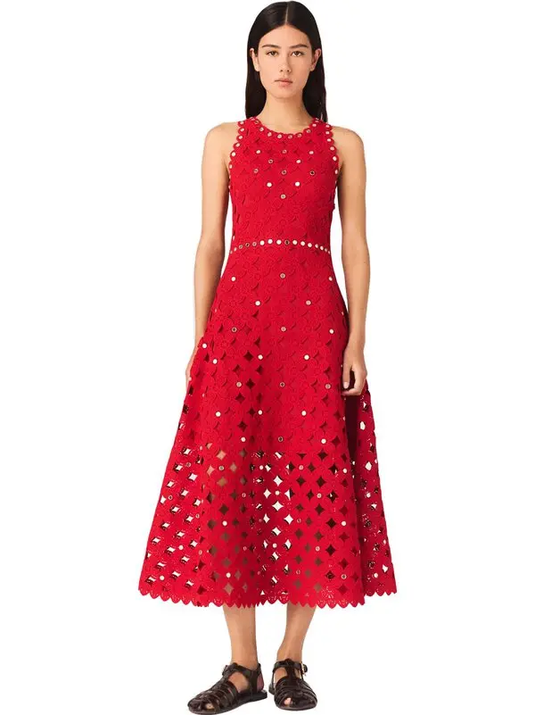 Maje Floral And Mirror Crochet Midi Dress - Red