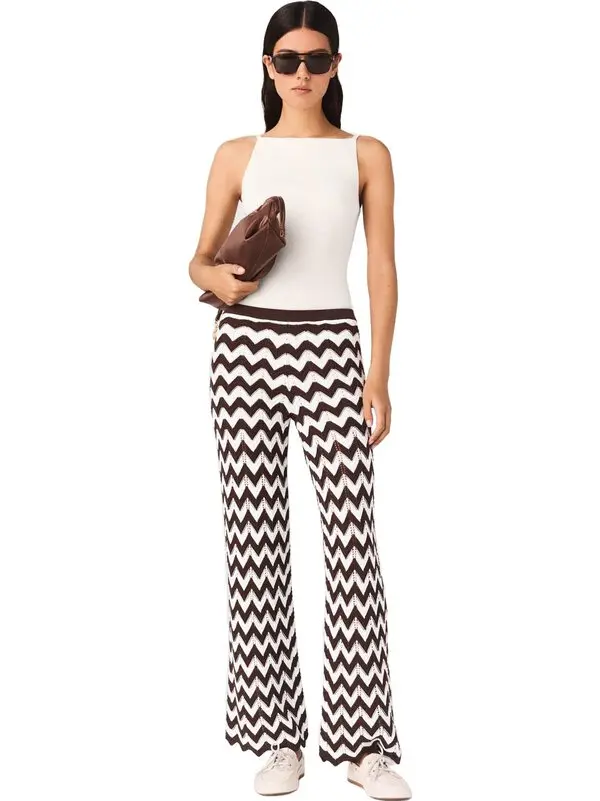 Maje Woman's Cotton Zigzag Crochet Trousers - Brown/white