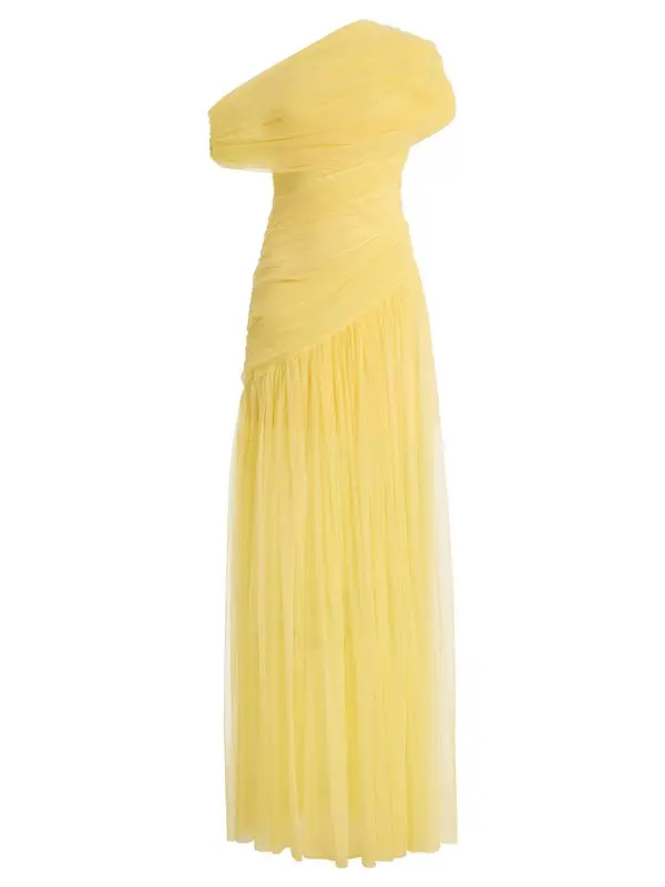 DE LA VALI Himalia Gathered Tulle Maxi Gown - Yellow