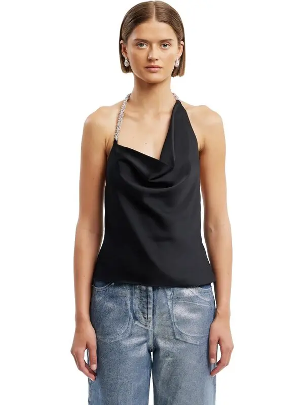 Significant Other Bias-cut Satin Top With Braided Metallic Halter Strap - Black