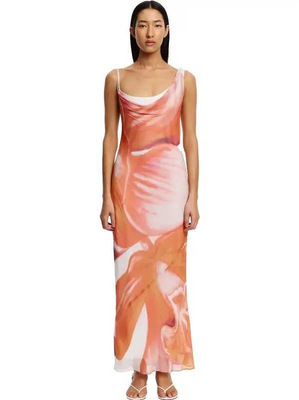 Significant Other Bias-cut Midi Dress - Tangerine Bloom