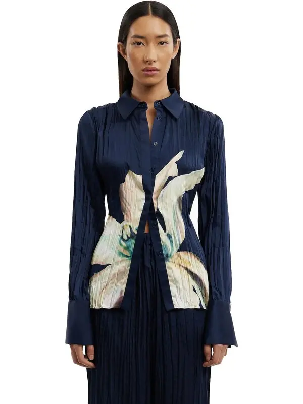 Significant Other Crinkle Pleated Floral Print Shirt - Midnight Lilium
