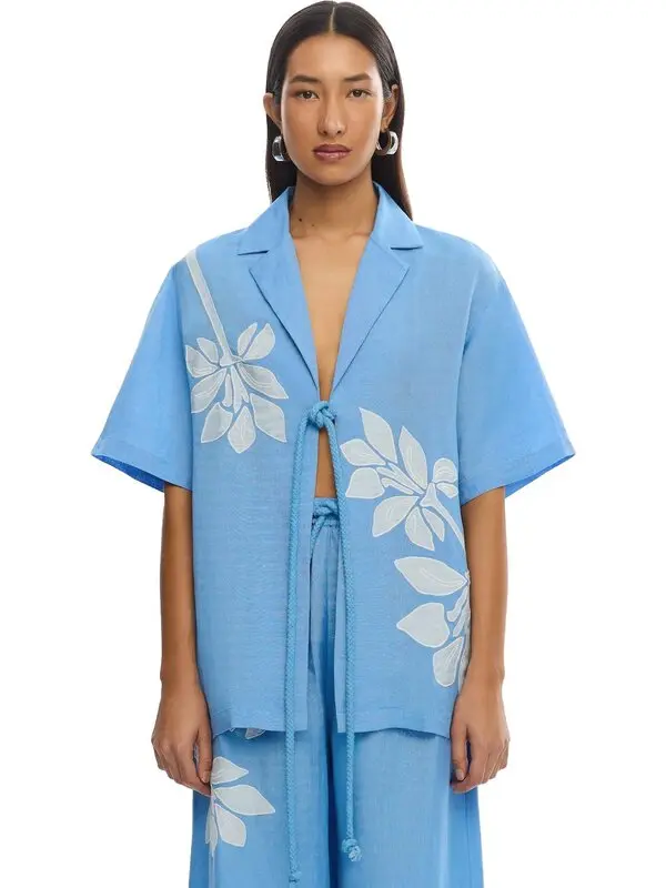 Significant Other Boxy Embroidered Linen-viscose Shirt - Cerulean