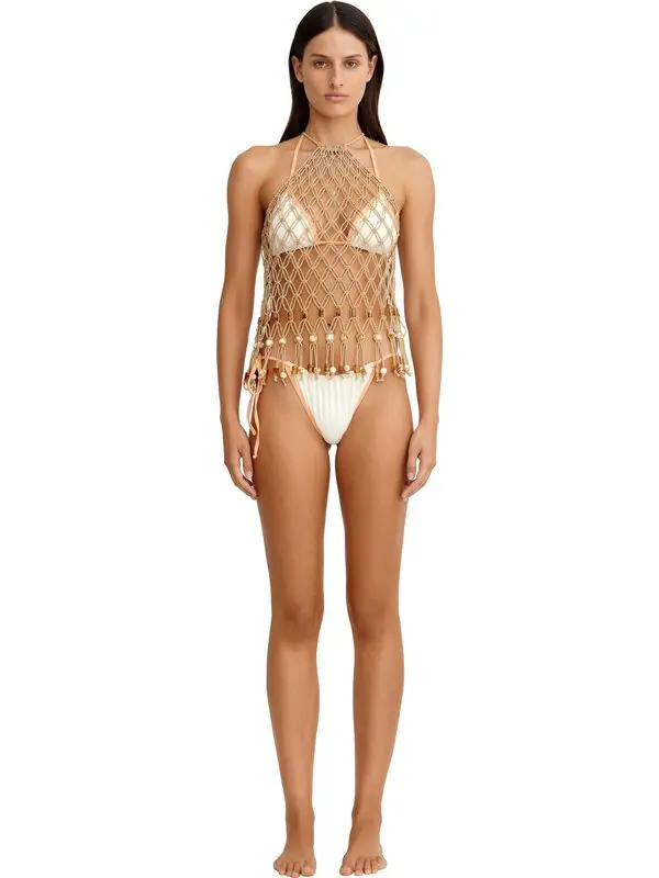 Significant Other Macramé Halter Top With Resin Bead Details - Camel