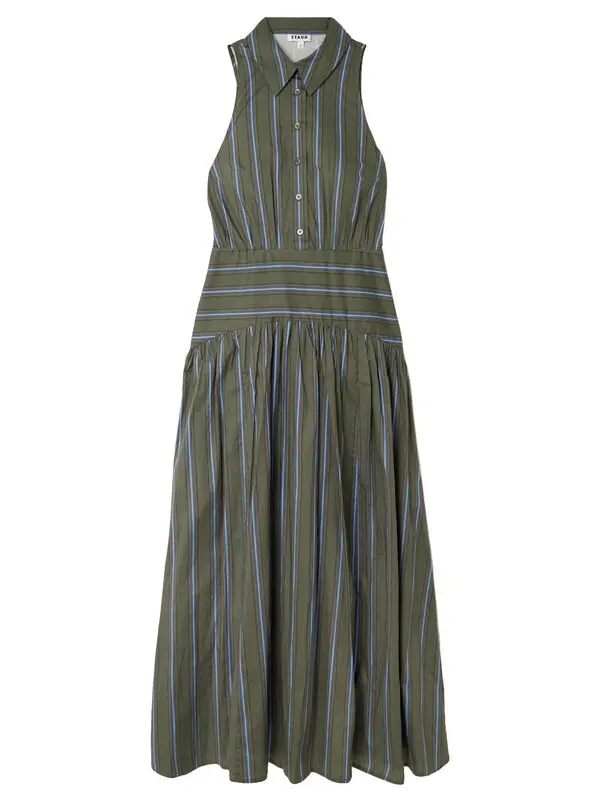 Staud Striped Pleated Cotton-blend Shirt Dress - Gray